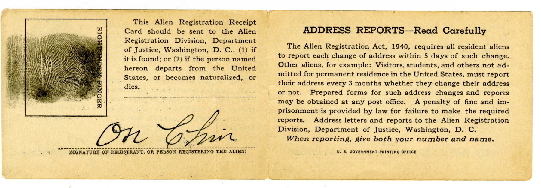 Alien Registration Card – Museum of Chinese in America